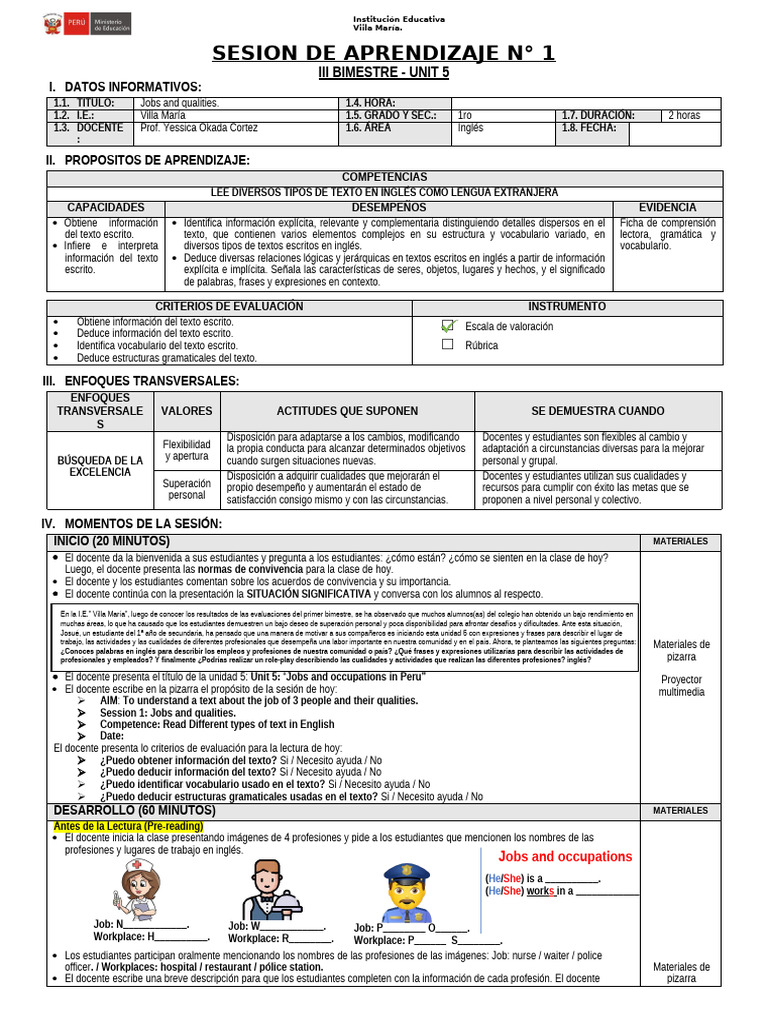 SESION DE APRENDIZAJE N°1 - 2025 - CICLO VI - UNIT 5 | PDF | Aprendizaje | Comunicación humana