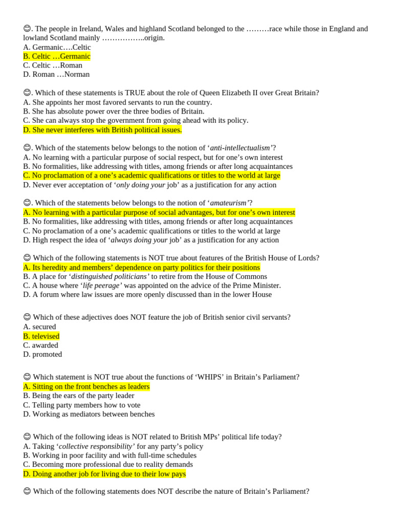 Review British-US Culture Quiz 2 | PDF | United Kingdom | England