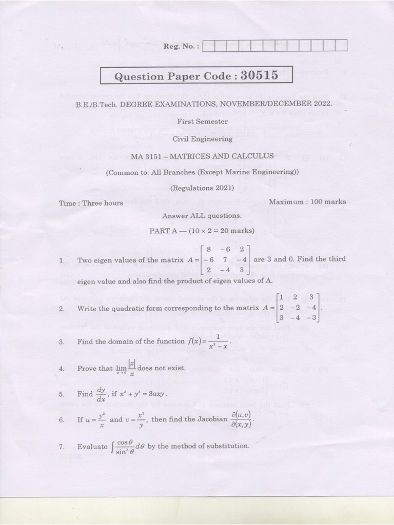 Ma 3151 Matrices and Calculus | PDF