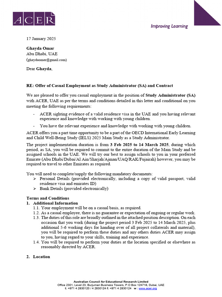 ACER Casual Employment Contract - SA - IELS MS 2025 - Ghayda Omar | PDF ...