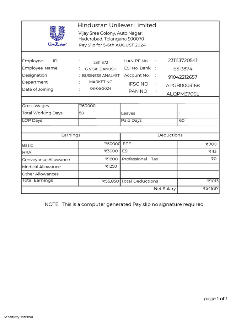 Salary Slip Template PDF | PDF