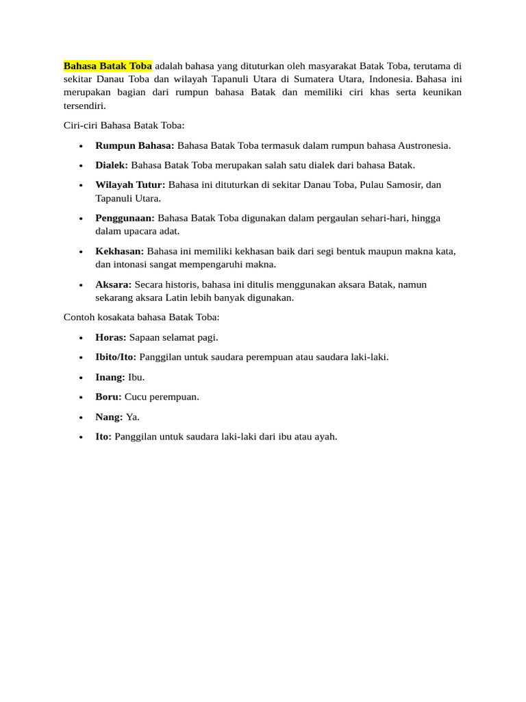 Bahasa Batak Toba Adalah | PDF