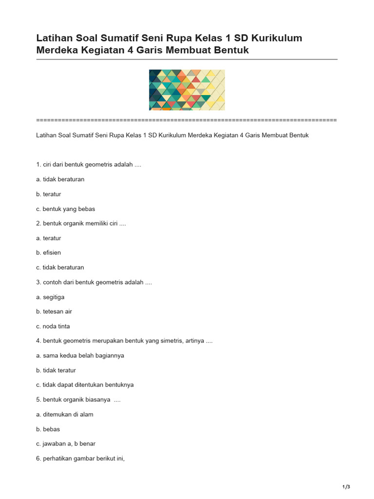 Latihan Soal Sumatif Seni Rupa Kelas 1 SD Kurikulum Merdeka Kegiatan 4 Garis Membuat Bentuk | PDF