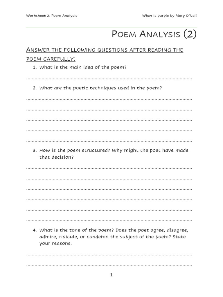 Poem Analysis Worksheet: O'Neil's Work | PDF