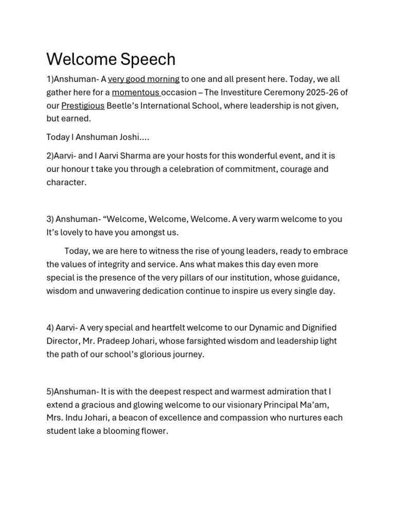Welcome Speech for Investiture Ceremony | PDF