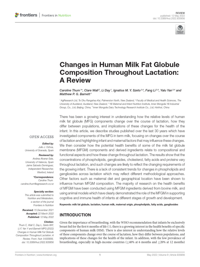 Changes in Human Milk Fat Globule Composition Throughout Lactation A ...