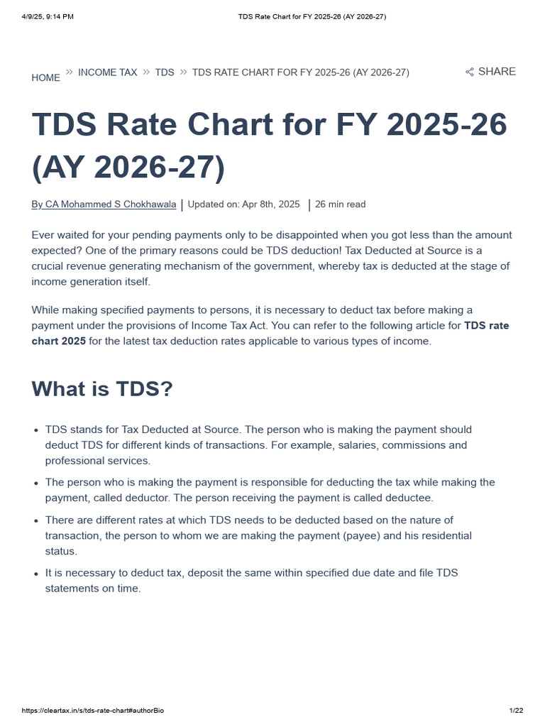 TDS Rate Chart FY 2025-26 Summary | PDF | Capital Gains Tax | Payments