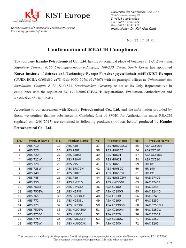 Grades Kumho - Reach - Kist Europe | PDF