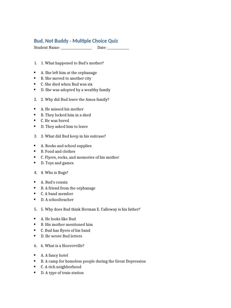 Bud Not Buddy Multiple Choice Quiz | PDF