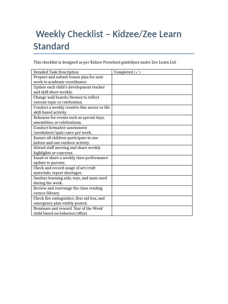 Kidzee Weekly Checklist | PDF