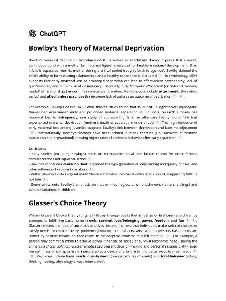 Bowlby's Theory of Maternal Deprivation | PDF | Psychoanalysis | Crimes