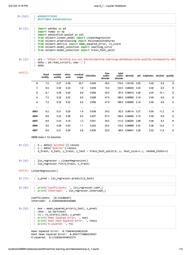 Exp-3 - 1 - Jupyter Notebook | PDF | Mean Squared Error | Data Analysis