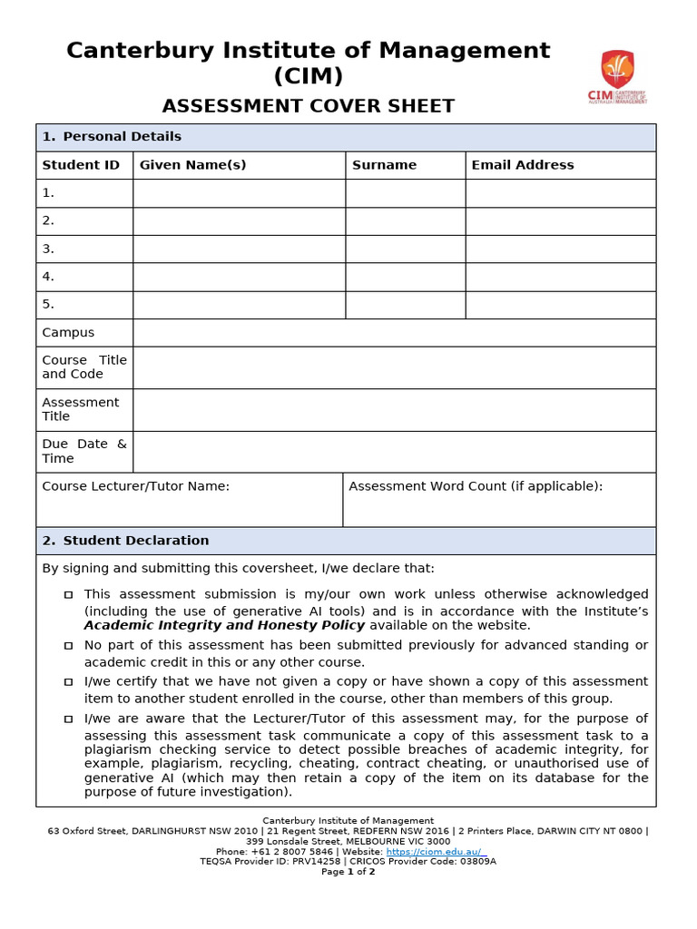 CIM Assessment Cover Sheet | PDF | Academic Integrity | Plagiarism