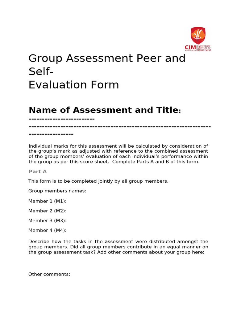 Group Assessment Peer Self Evaluation Form | PDF | Evaluation | Cognition