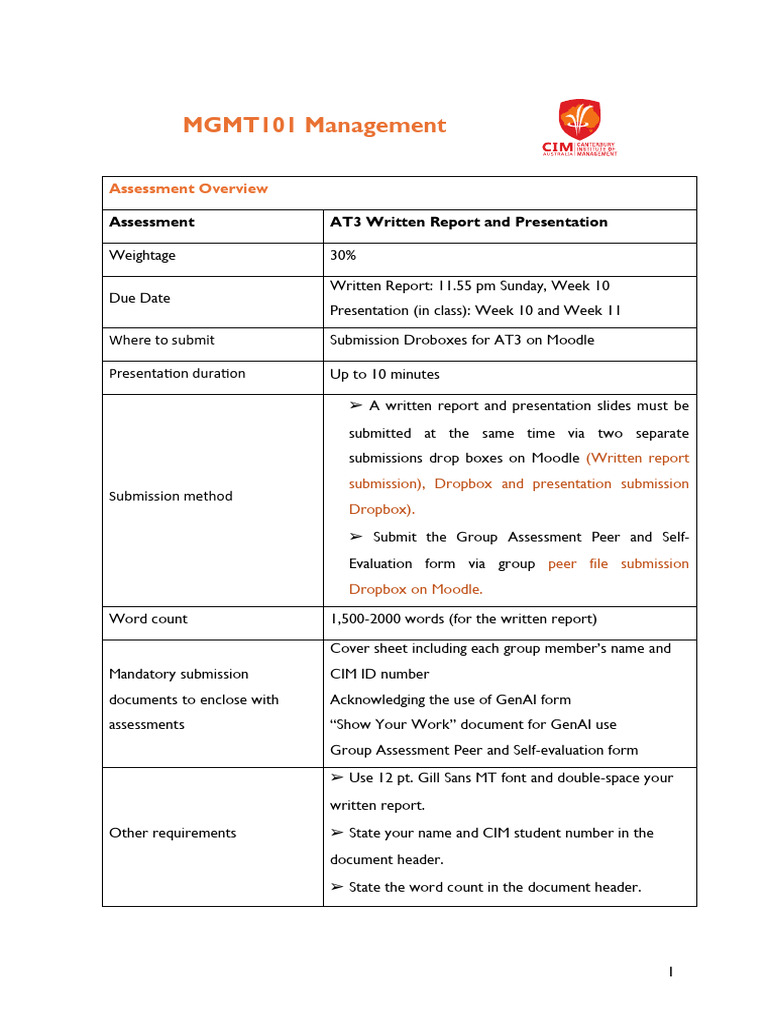 MGMT101 Group Report & Presentation Guide | PDF