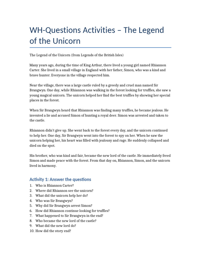 WH-Questions on Unicorn Legend | PDF