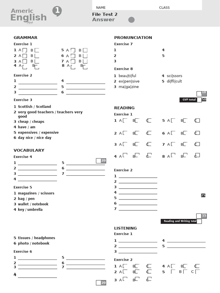AEF3e L1 Filetest 2a Answer Sheet | PDF | Learning | Psycholinguistics