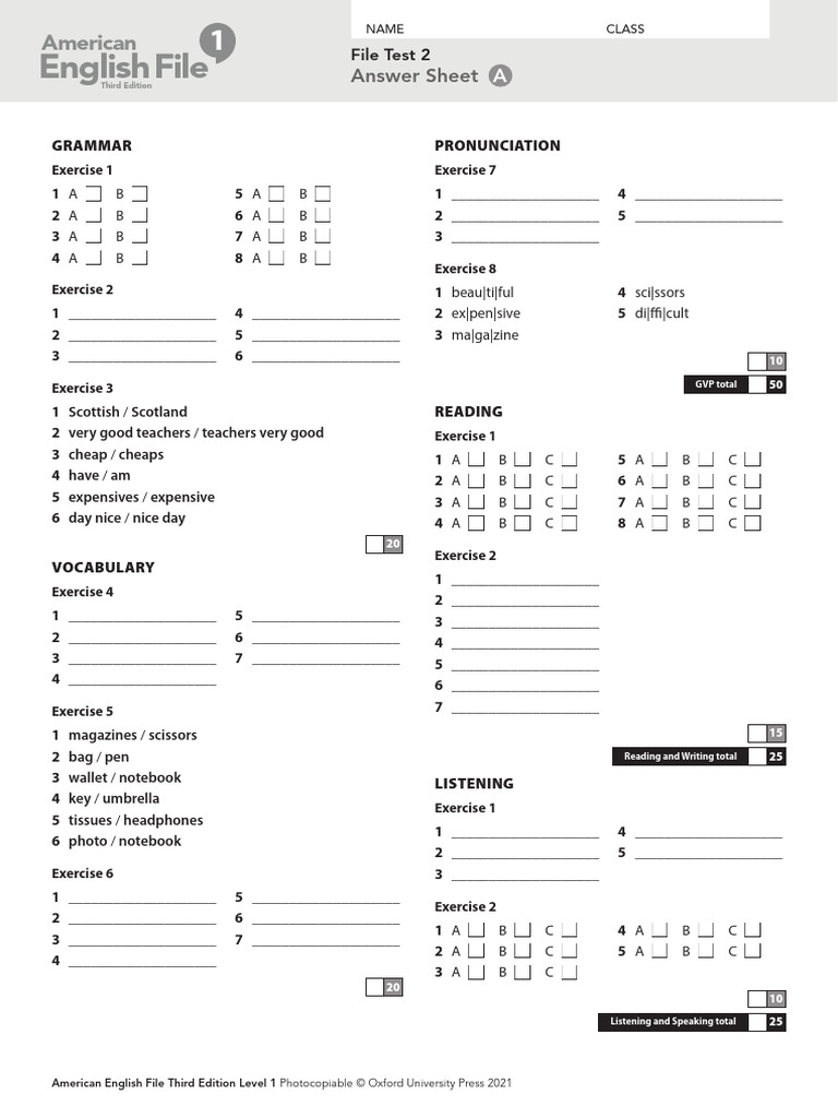 American English File Level 1 Test | PDF | Learning | Psycholinguistics