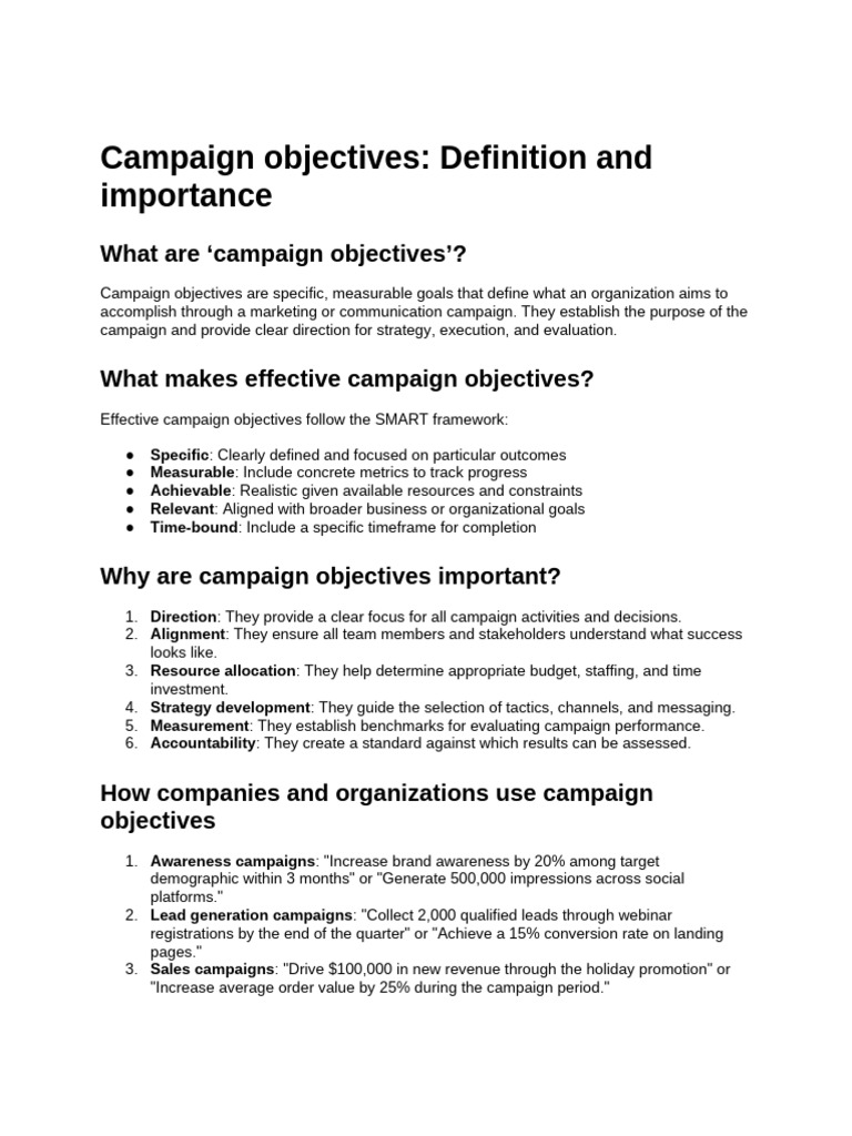 Defining Effective Campaign Objectives | PDF | Goal | Performance Indicator