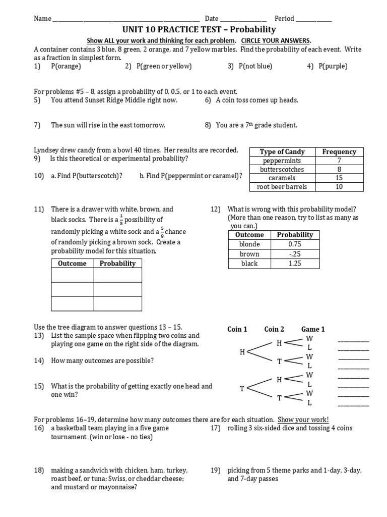PRACTICE TEST - Unit 10 Probability-1 | PDF | Probability | Probability ...