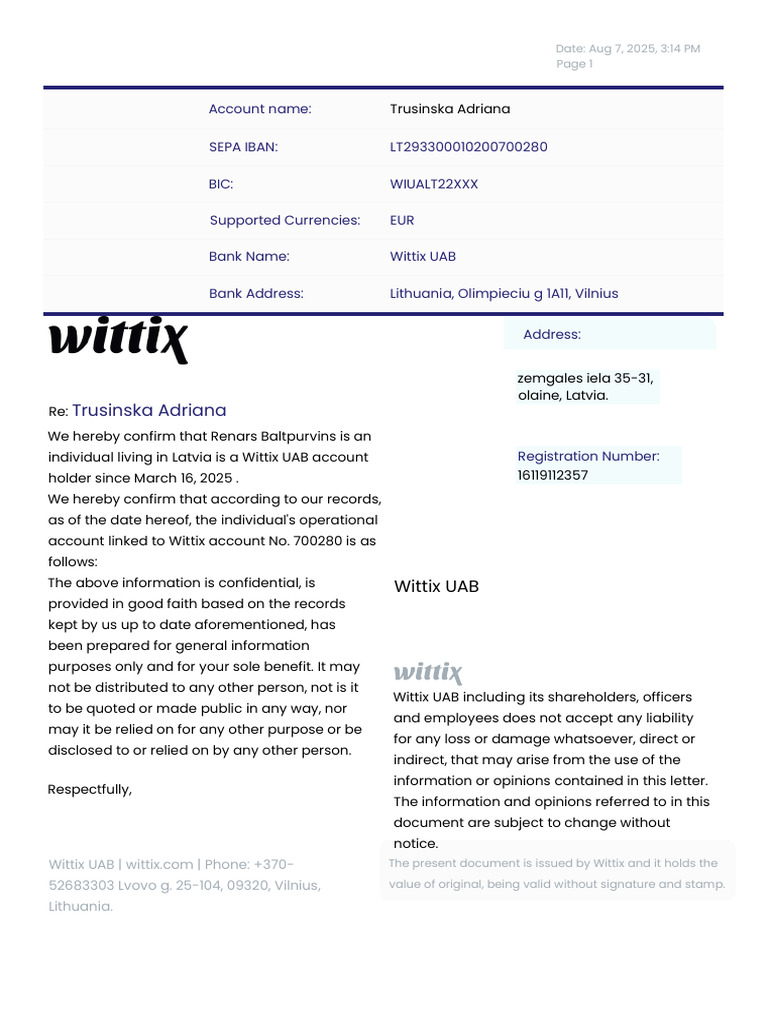 Wittix UAB Account Confirmation | PDF | Private Law