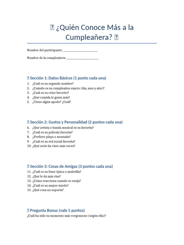 Cuestionario: ¿Quién Conoce Más a la Cumpleañera? | PDF