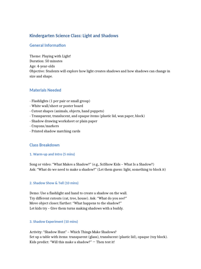 Light and Shadows Lesson Plan | PDF