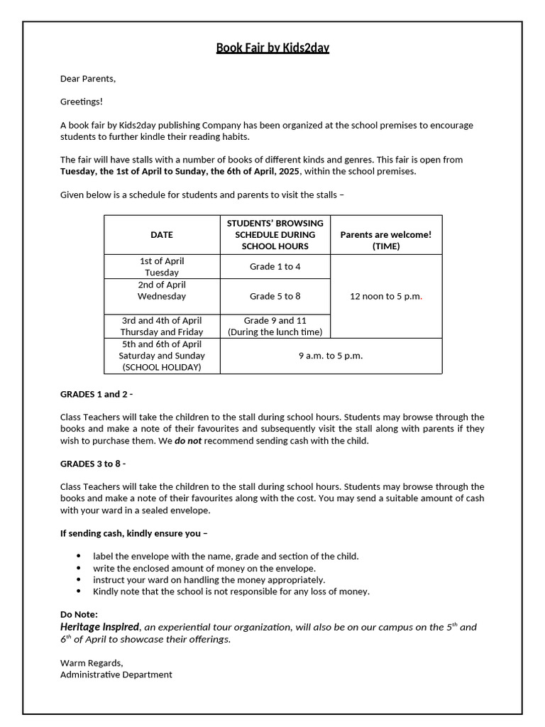 Kids2day Book Fair Schedule 2025 | PDF