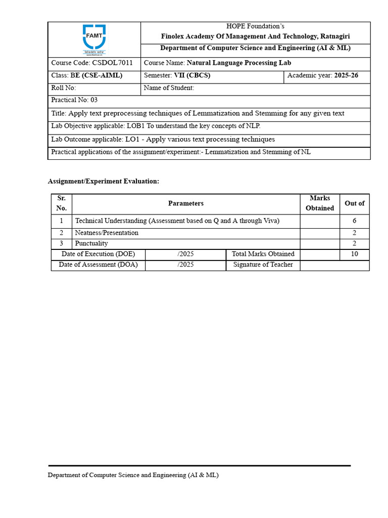 NLP Exp3 Front | PDF
