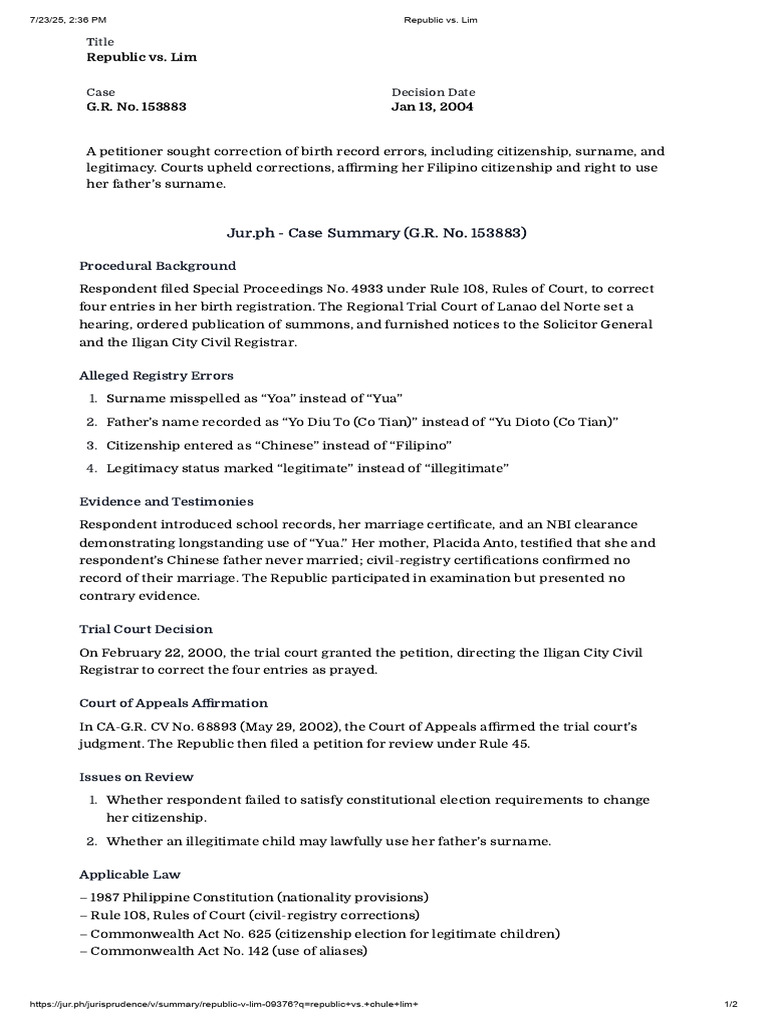 Republic vs. Lim Summary | PDF | Judgment (Law) | Government