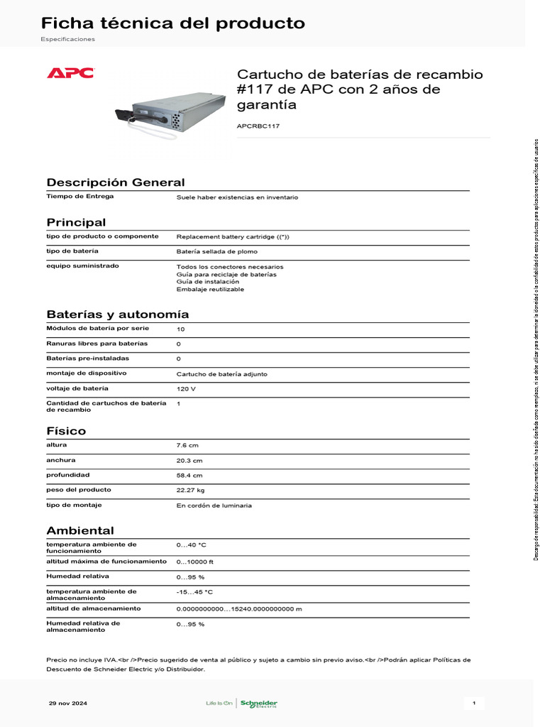 Ficha Tecnica APCRBC117 para Smx3000rm | PDF
