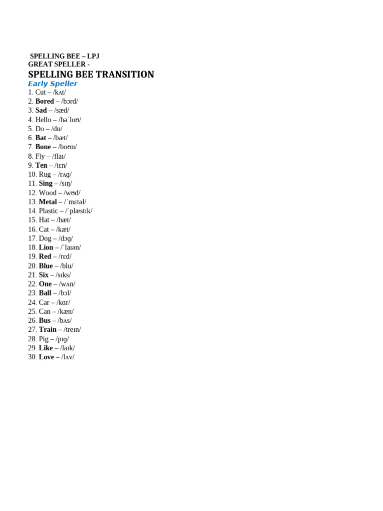 SPELLING BEE Words Early Speller | PDF