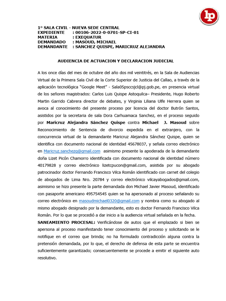 Exequatur de Divorcio: Sánchez Quispe vs. Masoud | PDF | Sentencia (ley ...