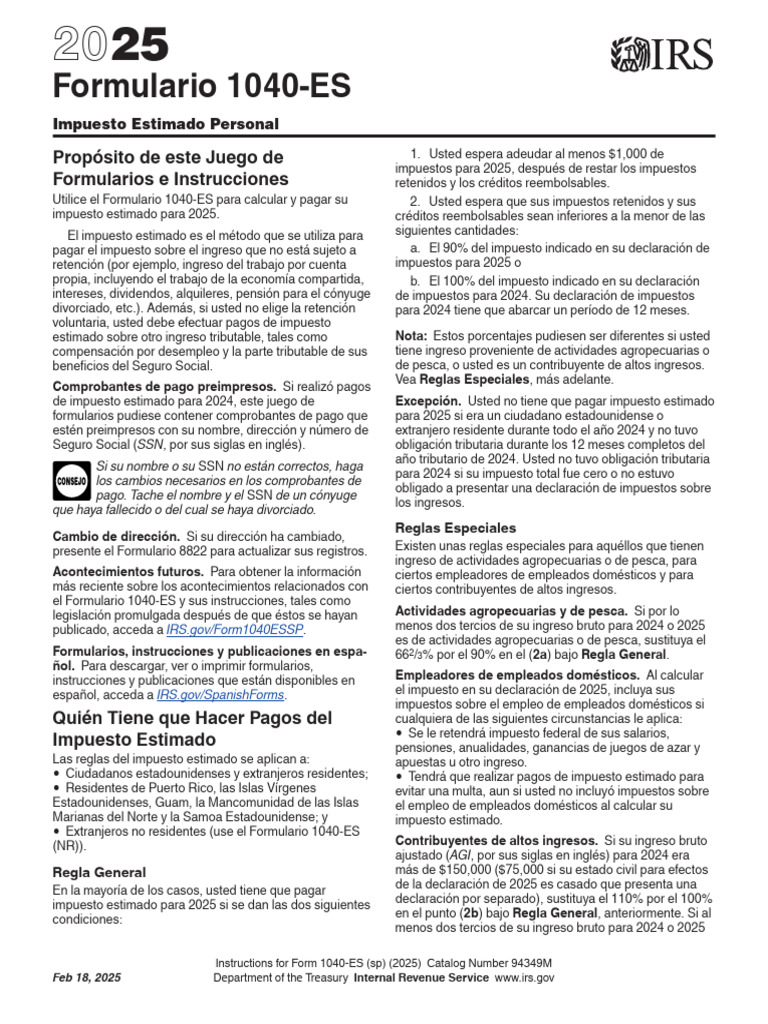 Impuesto Estimado 2025: Formulario 1040-ES | PDF | Cheque | Impuestos