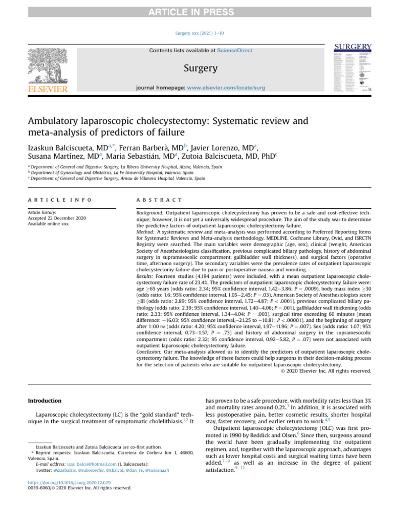 Ambulatory Laparoscopic Cholecystectomy | PDF | Medical Procedures ...