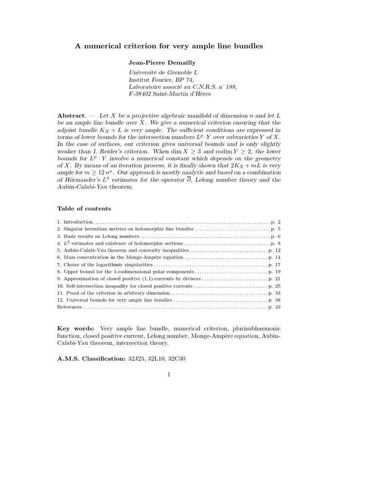A Numerical Criterion For Very Ample Line Bundles | PDF | Topology ...