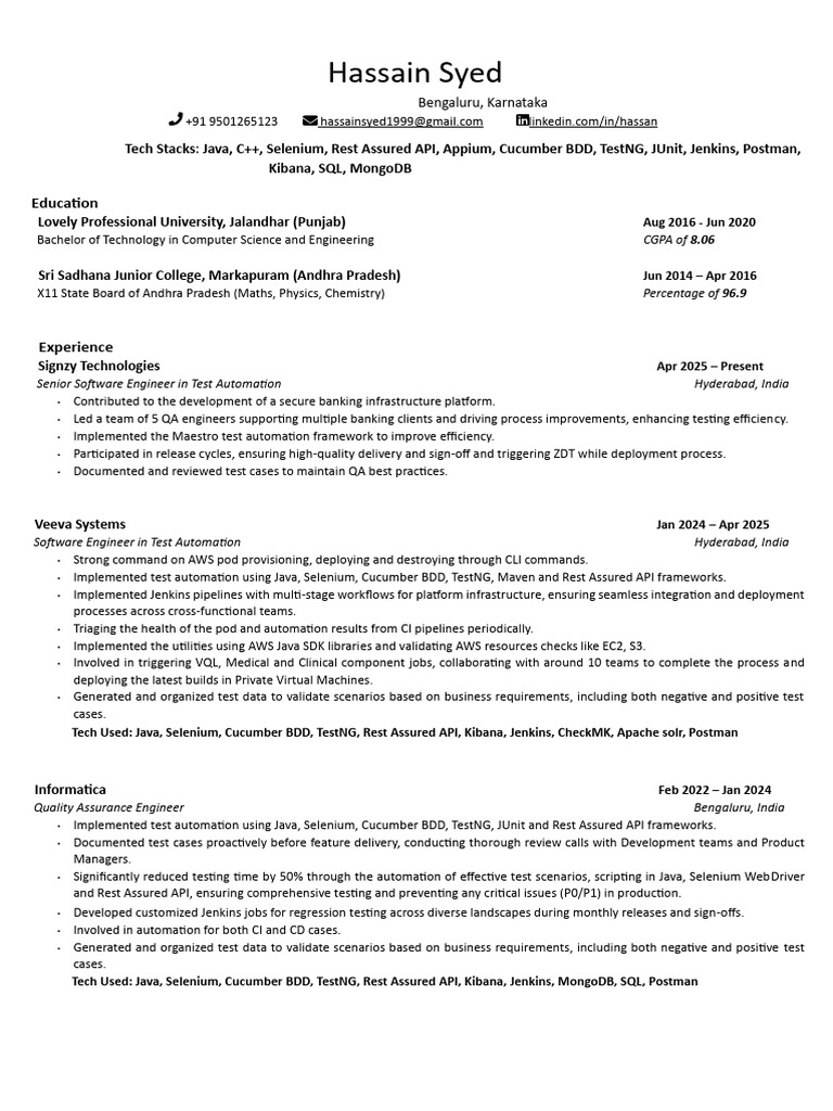 SDET Resume of Hassain Syed | PDF | Software Testing | Selenium (Software)