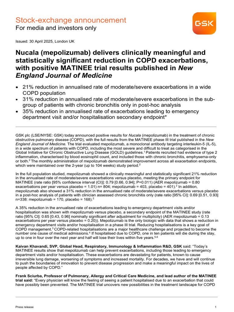 Press Release Nucala Matinee Trial Published in Nejm | PDF | Chronic ...