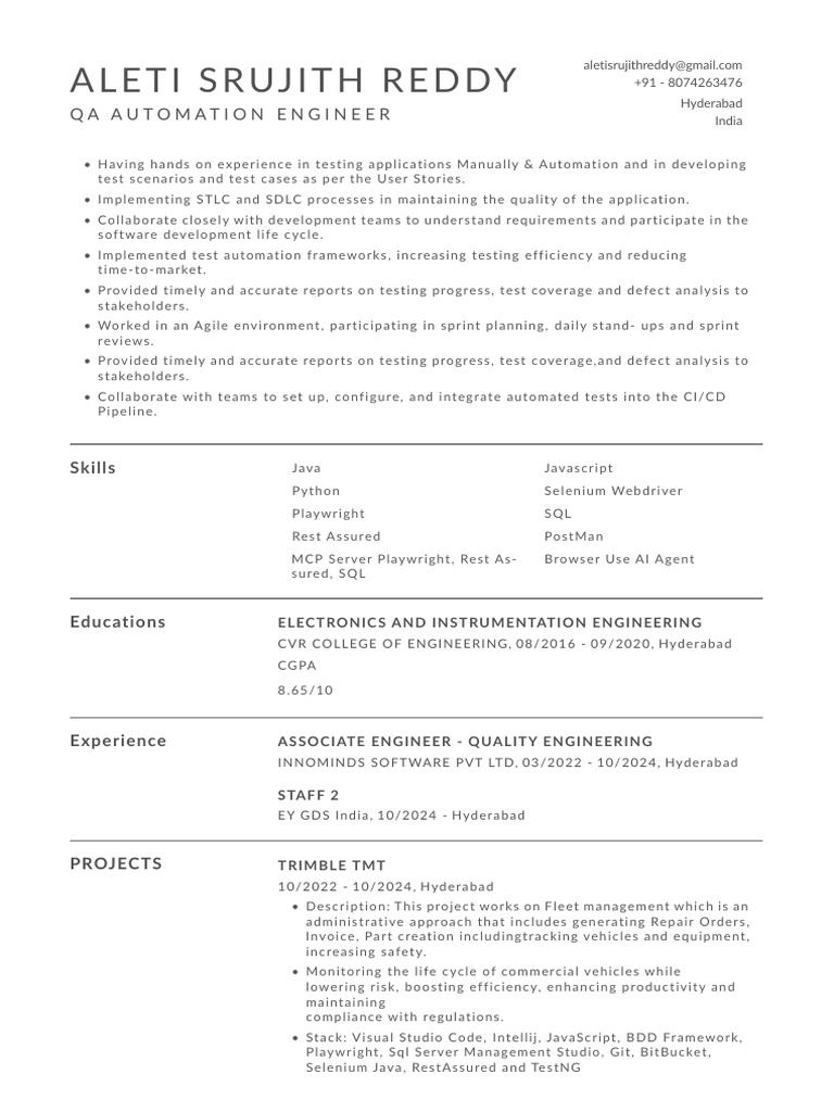 Srujith Reddy Automation Testing Resume | PDF