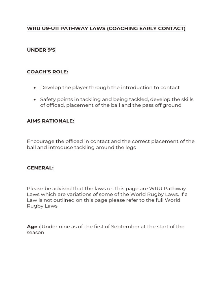 WRU U9-U11 Pathway Laws | PDF | Rugby Union | Athletic Sports