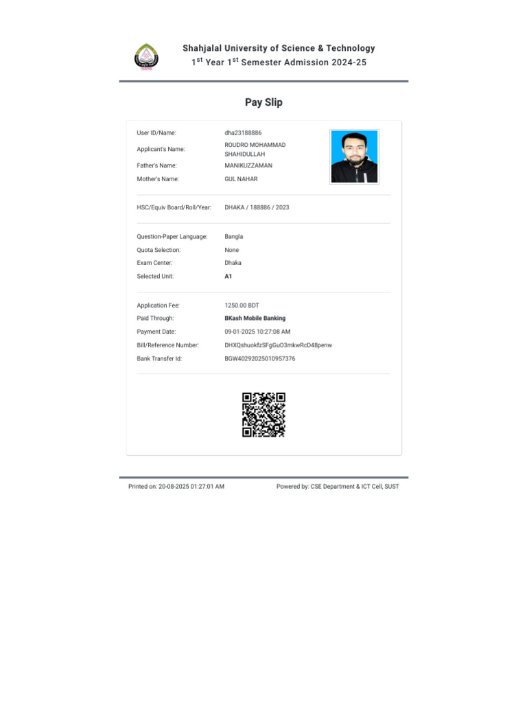 SUST Admission Payslip 2024-25 | PDF