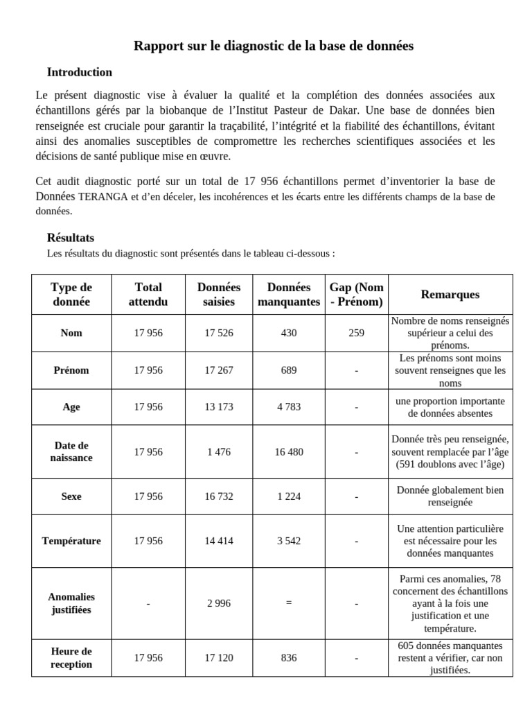 Rapport Sur Le Diagnostic de La Base de Données | PDF