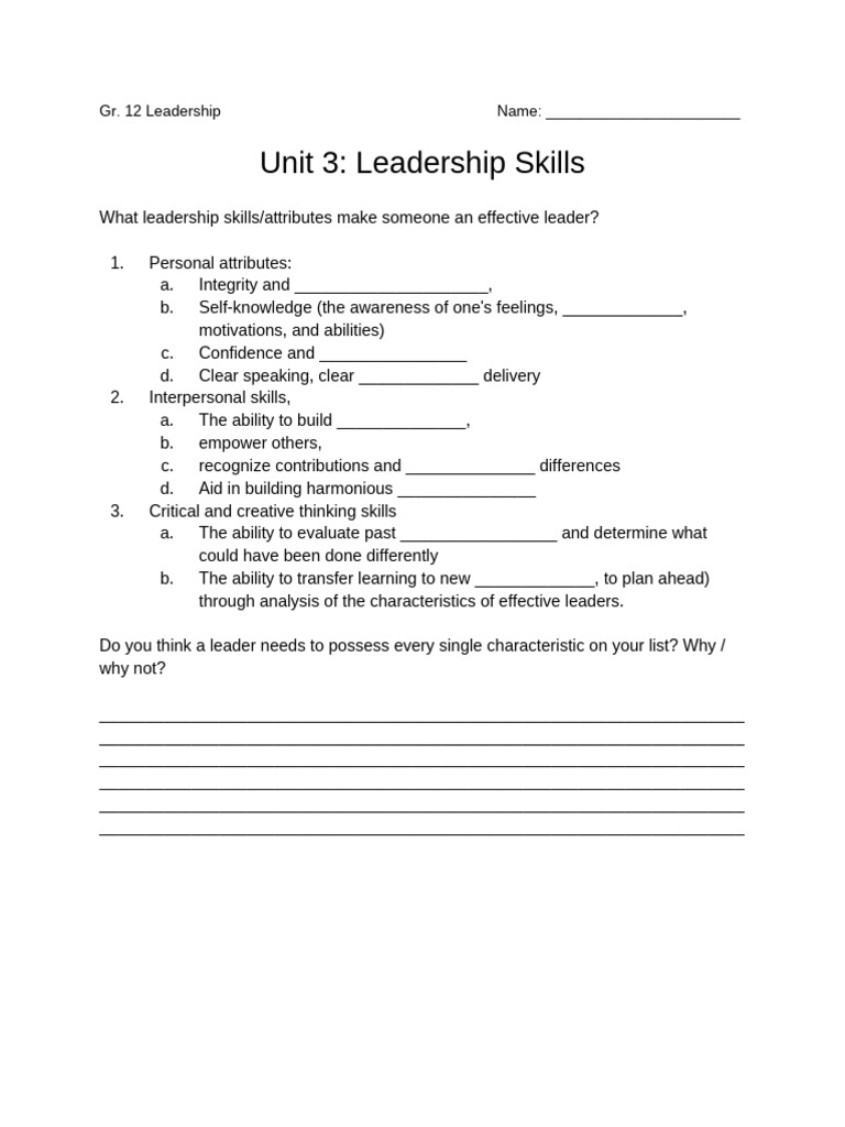 Leadership Skills Notes (Fill in The Blank) | PDF