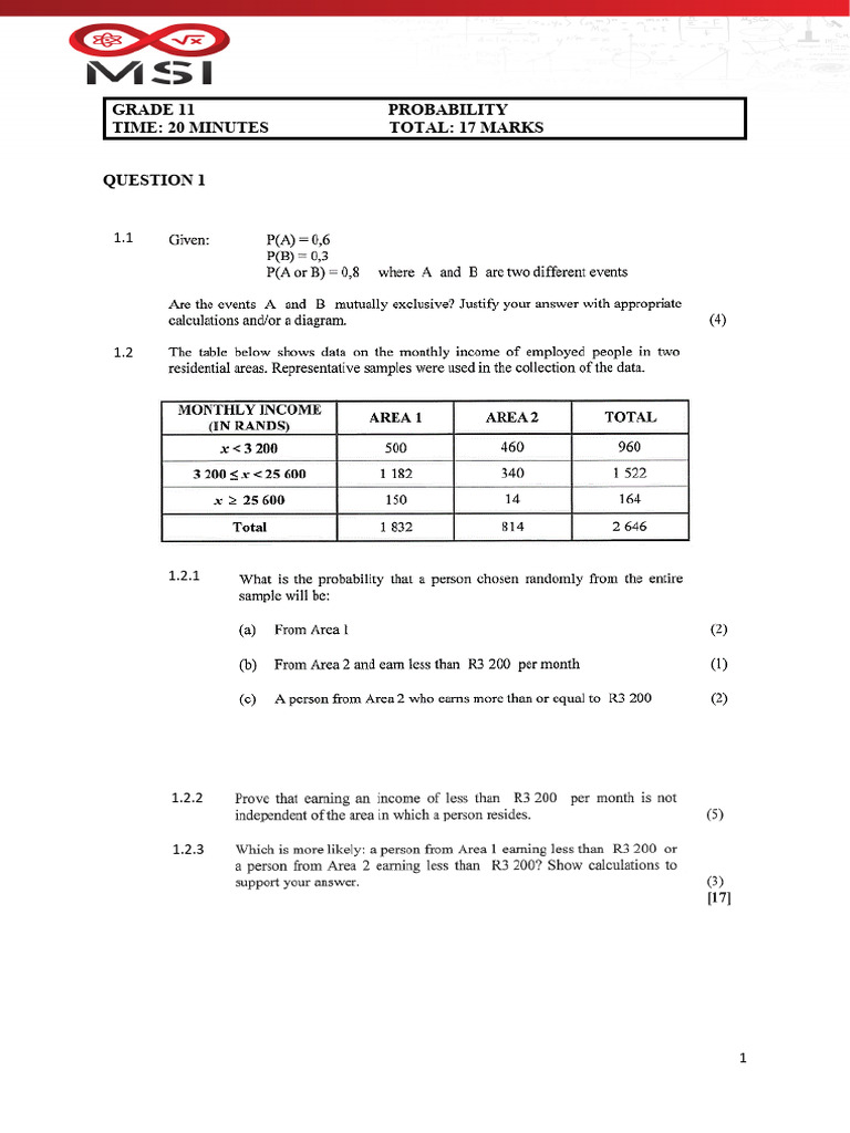 Grade 11 Probability Q&A PDF | PDF