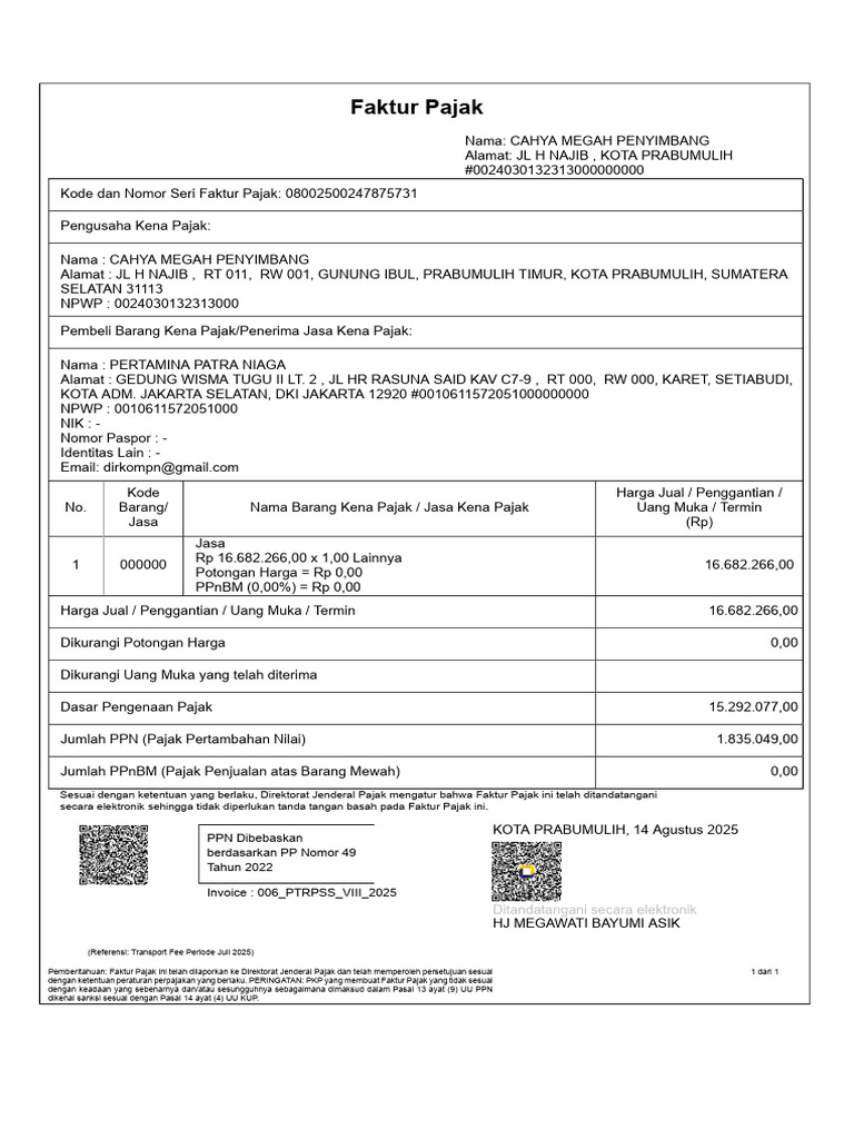 E Faktur Agustus Tagihan Juli 2025 PT CMP | PDF