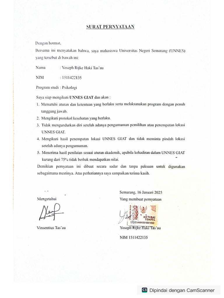 Surat Rekomendasi UNNES untuk Yoseph Tas’au | PDF