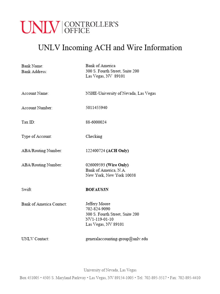 Controllers Office ACH Wire Information | PDF