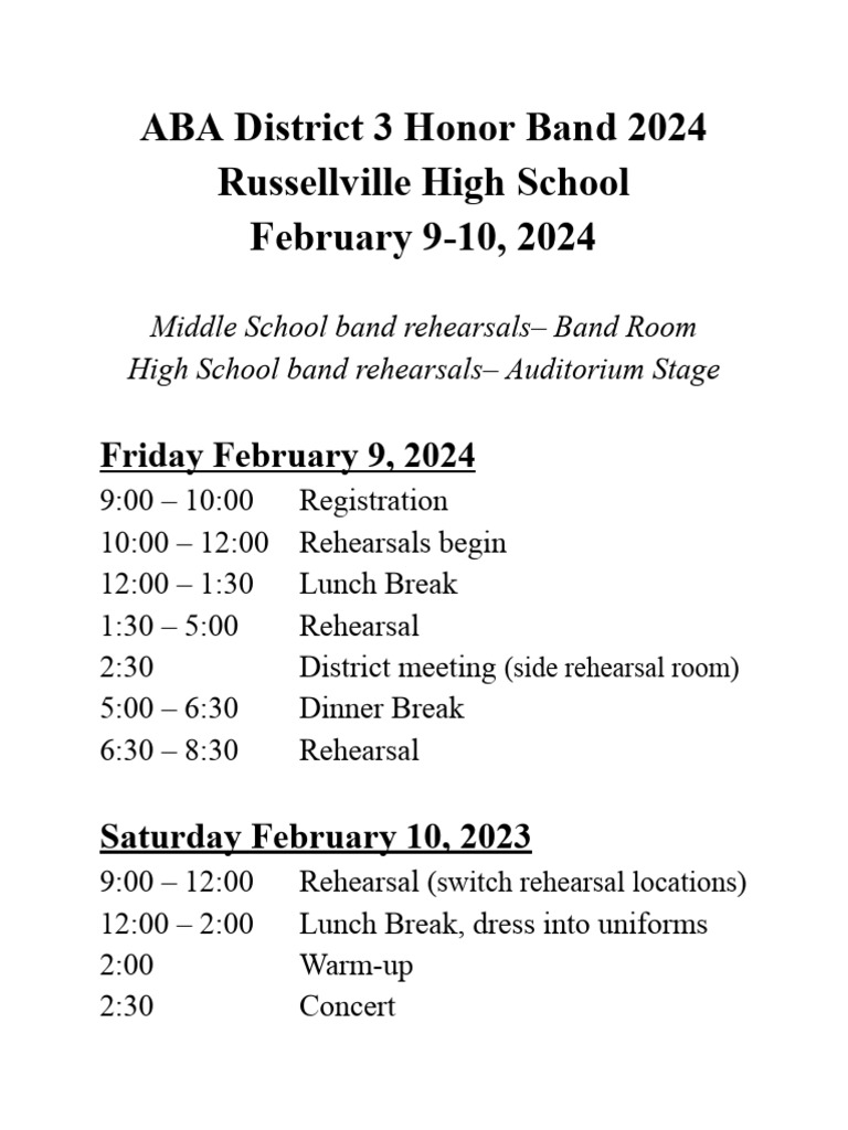 ABA District 3 Honor Band 2024 Schedule | PDF