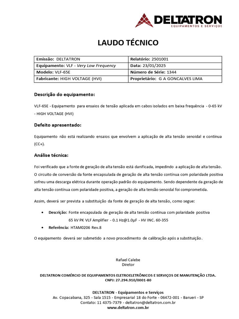 Deltatron - Laudo Técnico - Vlf-65e - N.S. 1344 | PDF