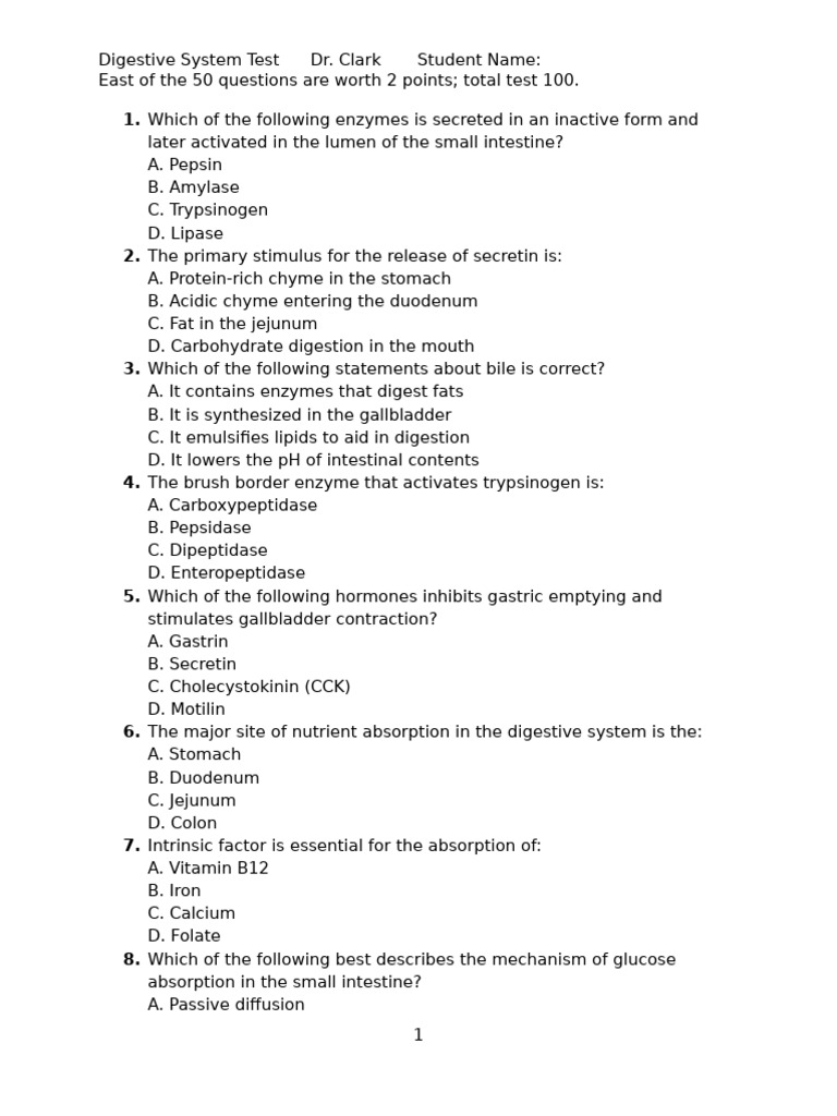 Digestive System Test Questions | PDF | Human Digestive System ...